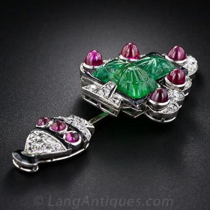 Art Deco Carved Emerald Ruby, Diamond and Enamel Jabot Pin