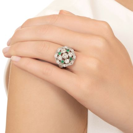 Art Deco-Style Octagonal Diamond and Emerald Ring