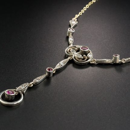 Edwardian/Art Nouveau Ruby and Diamond Lavaliere Necklace