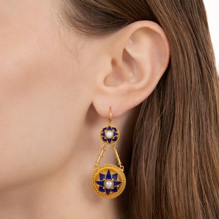 English Victorian-Style Pearl and Blue Enamel Drop Earrings