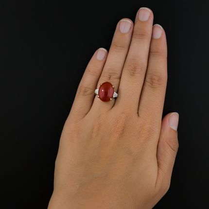 Estate Cabochon Coral and Diamond Ring