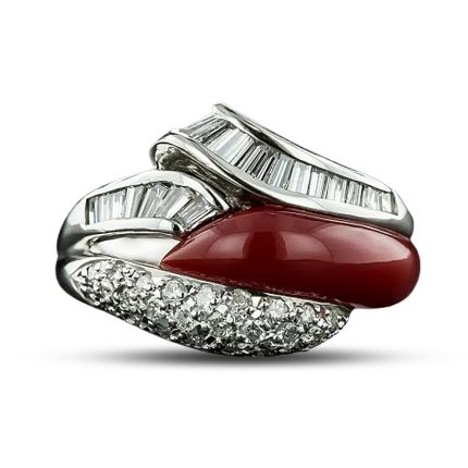Estate Red Coral and Diamond Ring, Size 7