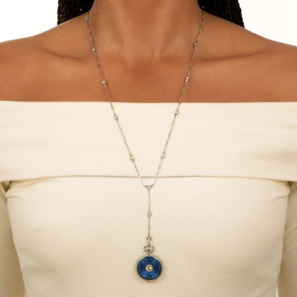 French Enamel and Diamond Watch Necklace/Pin