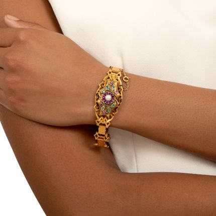 Georgian Natural Pearl, Green Beryl and Ruby Floral Bracelet