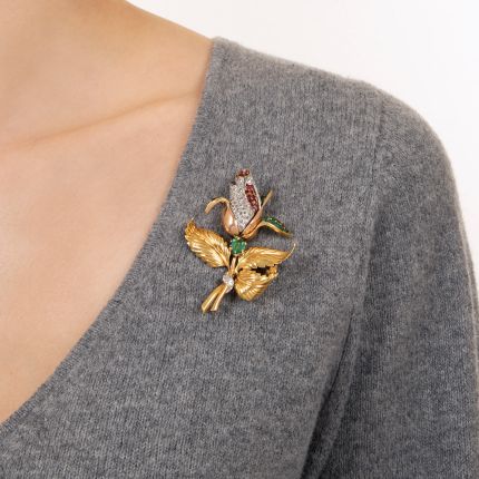 Mid-Century Bejeweled Rose Pin/Pendant, Portugal
