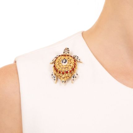 Mid-Century Enamel Tortoise Brooch with Diamonds