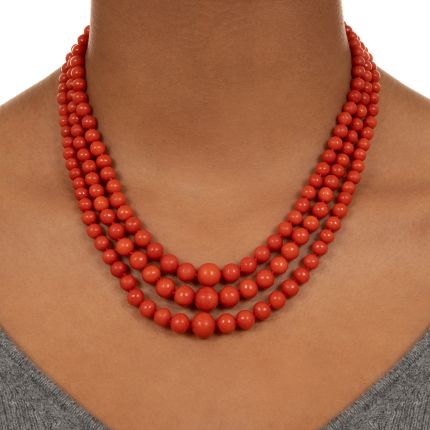 Mid-Century Triple-Strand Coral Necklace with Ribbed Cushion Clasp