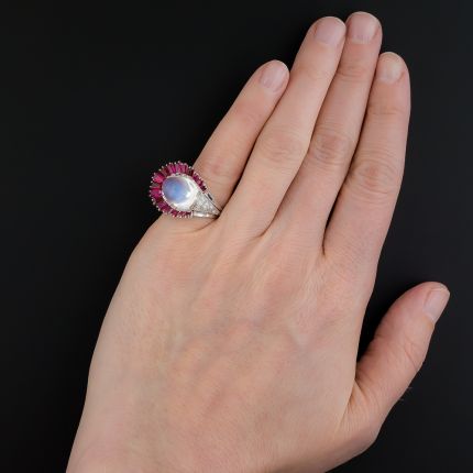 Retro Moonstone Ruby and Diamond Ring