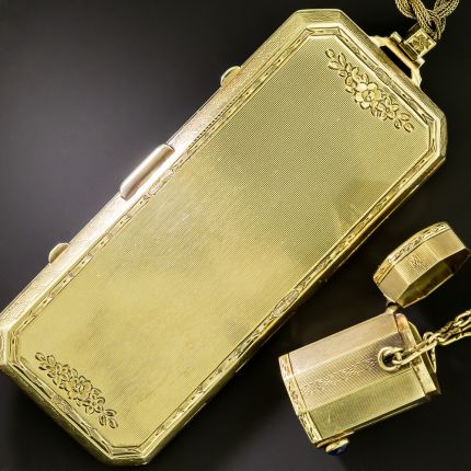 Victorian 14K Compact and Lipstick Combo by Battin & Co, USA