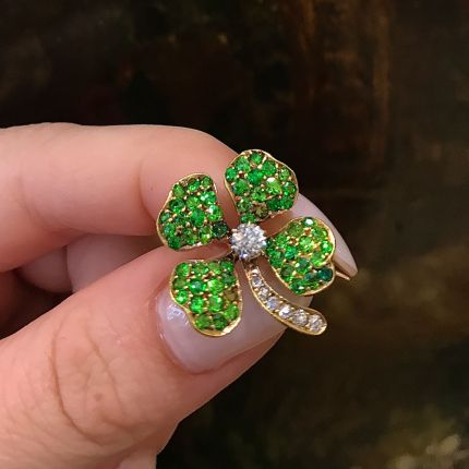 Victorian Demantoid and Diamond Four-Leaf Clover Pin
