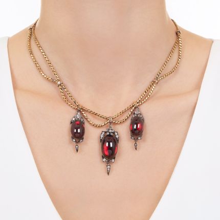 Victorian Garnet Carbuncle and Diamond Necklace