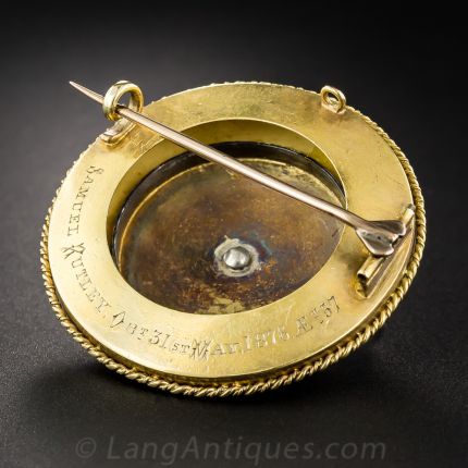 Victorian Guilloche Enamel Pin with Diamonds and Seed Pearls