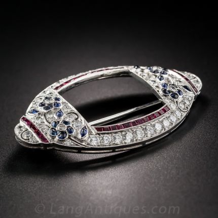 Art Deco Style Platinum Diamond Sapphire Ruby Brooch