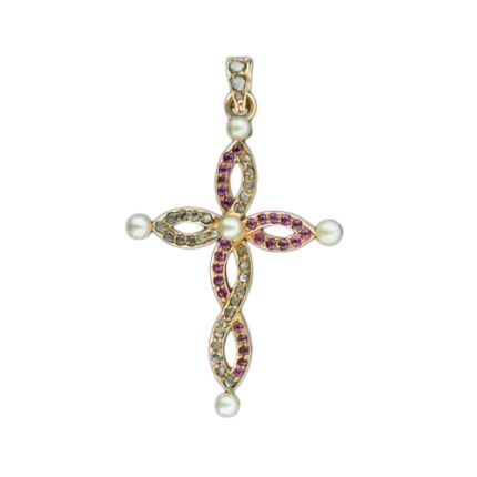 Victorian Ruby, Diamond And Natural Pearl Infinity Cross
