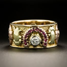 Retro Tri-Color Ruby and Diamond Band