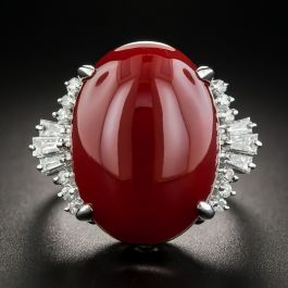 Large Red Coral Platinum Diamond Ring