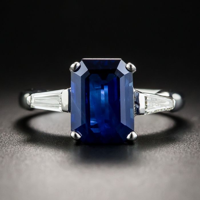14k White Gold 2.89 Carat Emerald Cut Sapphire Diamond Ring