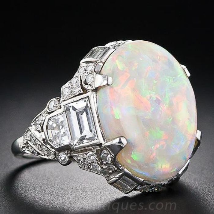 9 10 Carat Opal Art Deco Diamond Ring