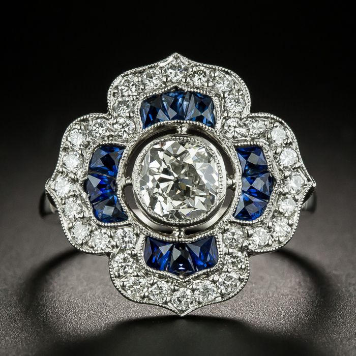 Art Deco Style 1.03 Carat Diamond and Sapphire Ring GIA H VS2
