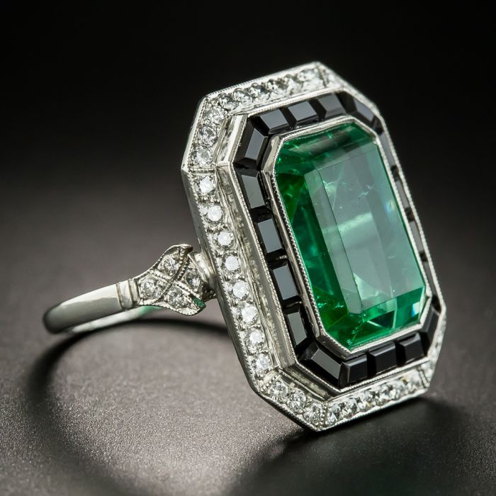 Art Deco Style Emerald Glass Black Onyx and Diamond Ring