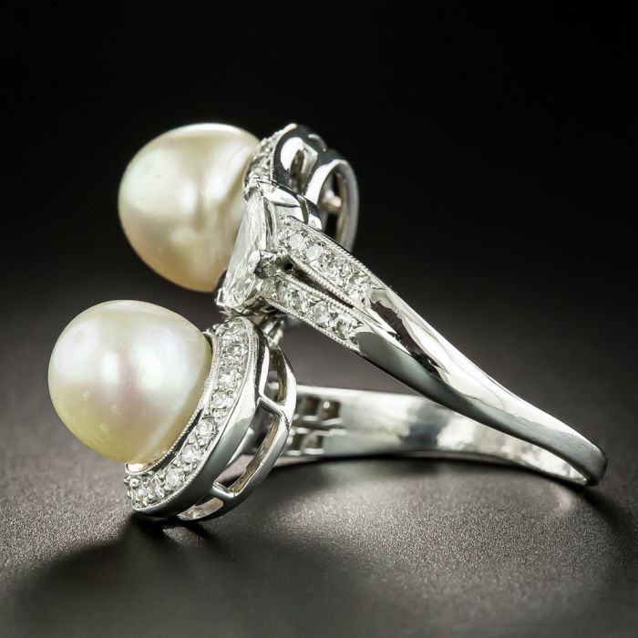 Art Deco Twin Natural Pearl and Diamond Bypass Dinner Ring GIA