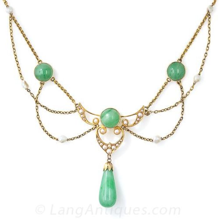 Art Nouveau Krementz Jade and Pearl Necklace