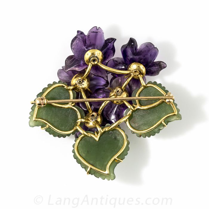 Carved Amethyst African Violet and Nephrite Bouquet Brooch