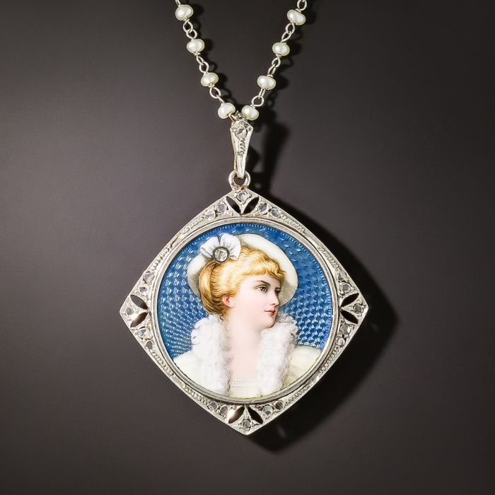 Edwardian Enameled Portrait Locket Pendant With Pearl Chain
