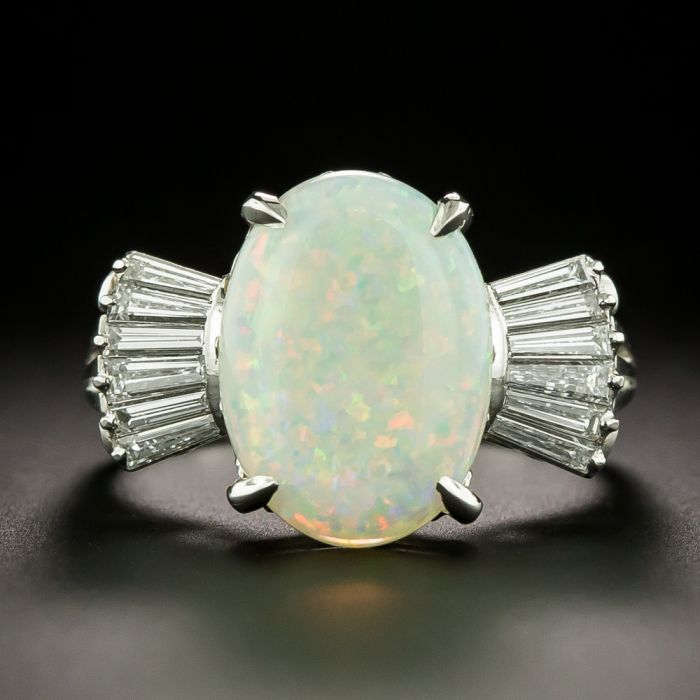 Estate Opal and Baguette Diamond Ring