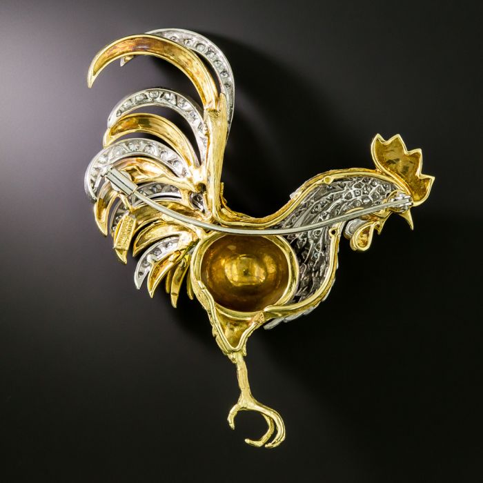 Mid Century Enamel and Diamond Rooster Brooch Italian