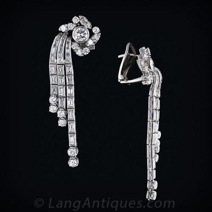 Mid Century Platinum and Diamond Waterfall Earrings