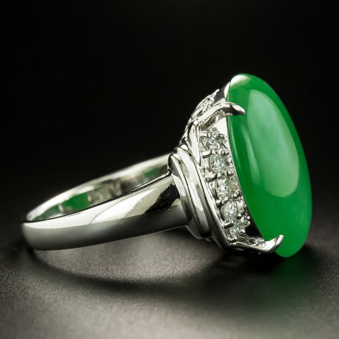 Natural Burmese Apple Green Jade and Diamond Ring