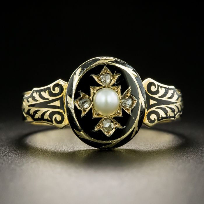 Victorian Black Enamel and Pearl Ring