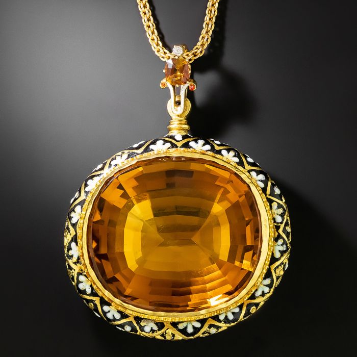 Victorian Citrine Black White Enamel Pendant Necklace
