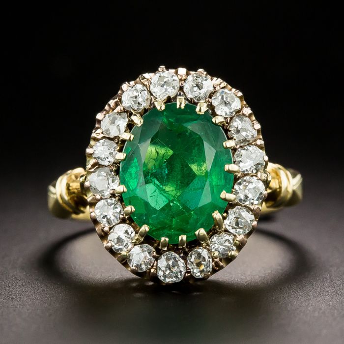 Vintage 2.35 Carat Emerald and Diamond Halo Ring AGL