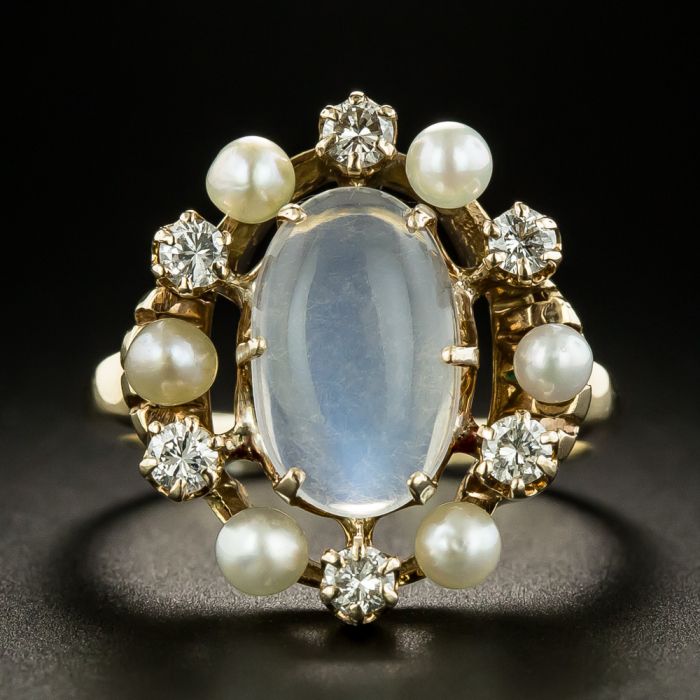 Vintage Moonstone Diamond and Pearl Ring