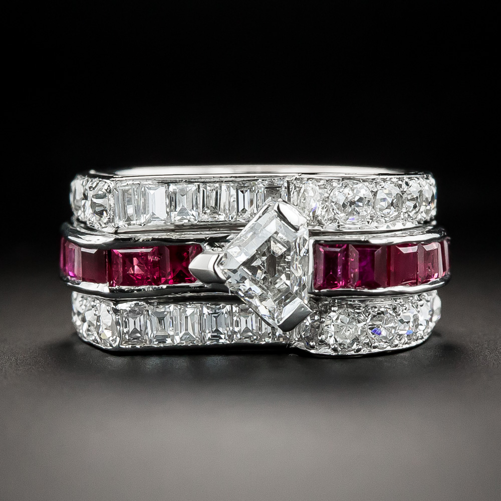 Deco/Retro Shield-Cut Diamond And Ruby Ring