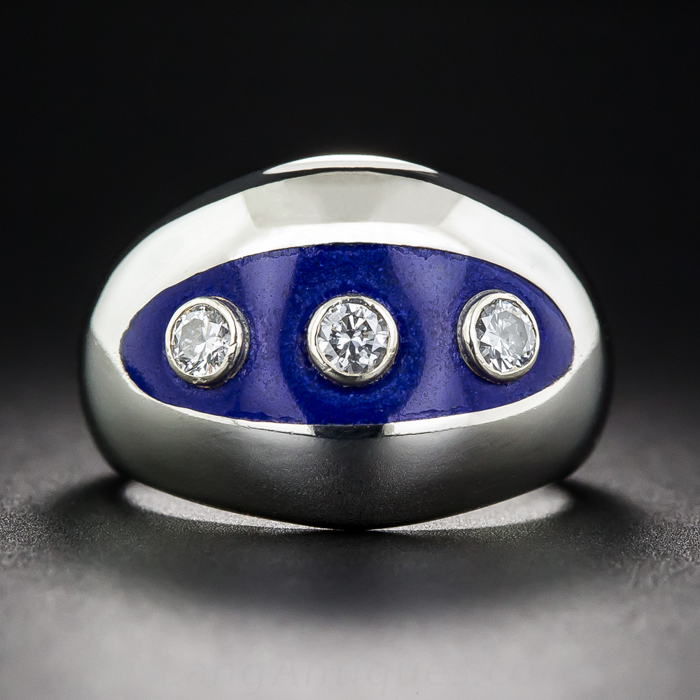 Diamond and Blue Enamel Three-Stone Ring, size 5