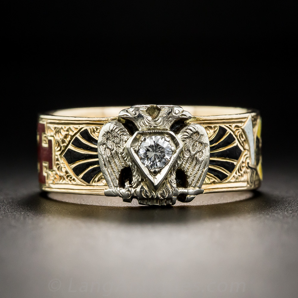 Diamond, Enamel and Two-Tone Gold 32nd Degree Masonic Band Ring