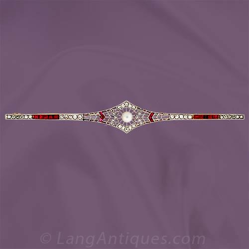 Diamond, Pearl and Synthetic Ruby Bar Pin