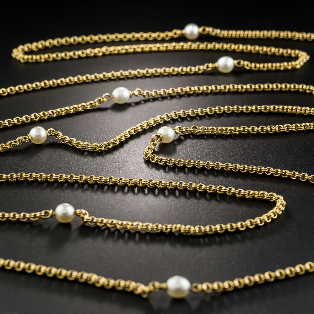 Early 20th Century French 66-Inch 18K Chain with Natural Pearls