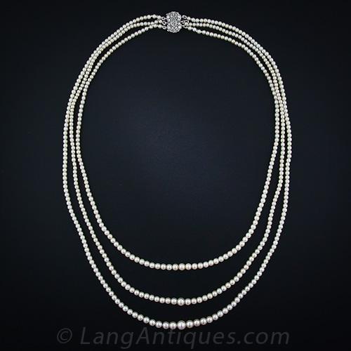 Early 20th Century Triple Strand Natural Pearl Necklace