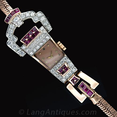 Early Retro Ruby and Diamond Dress Watch