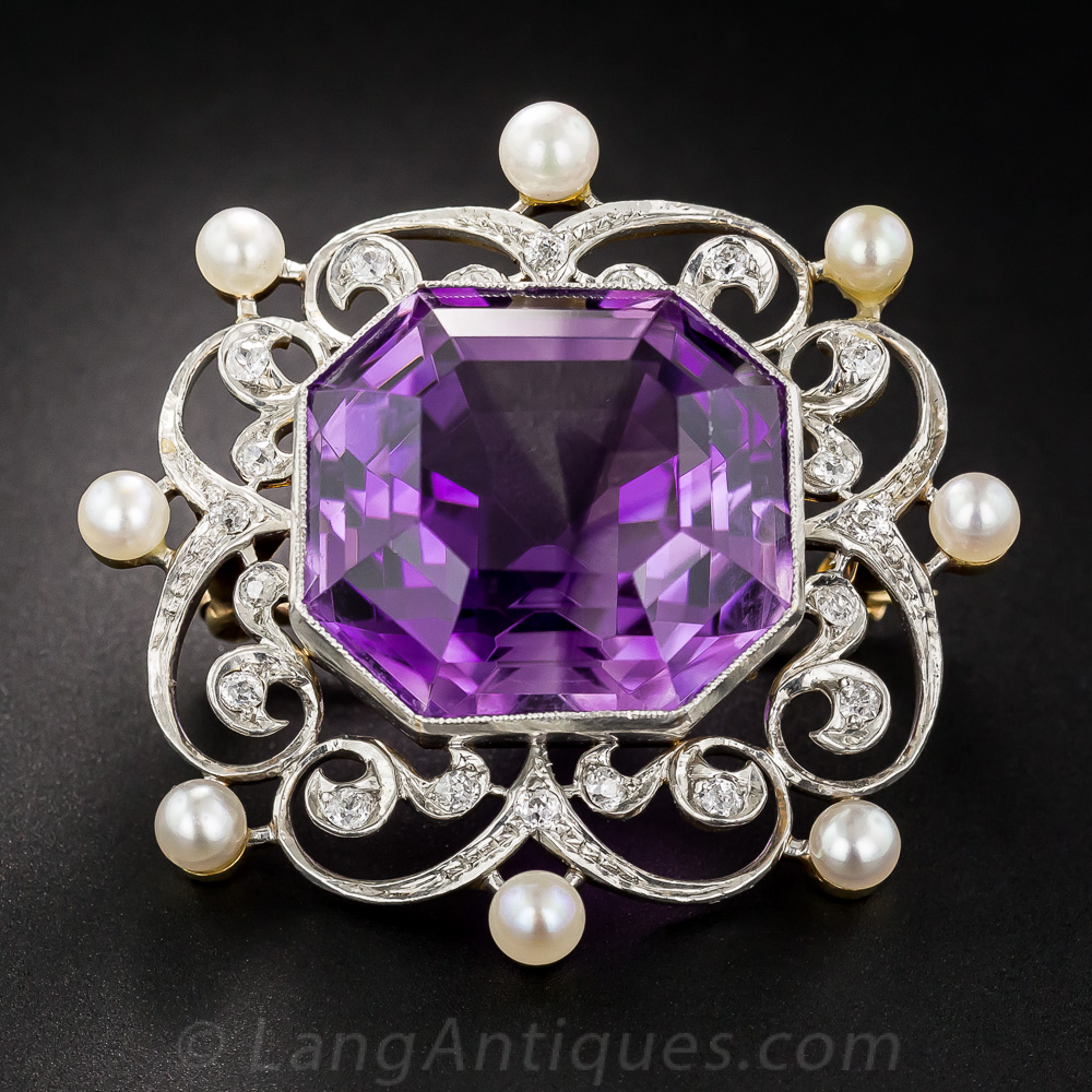 Edwardian Amethyst, Diamond and Pearl Pin