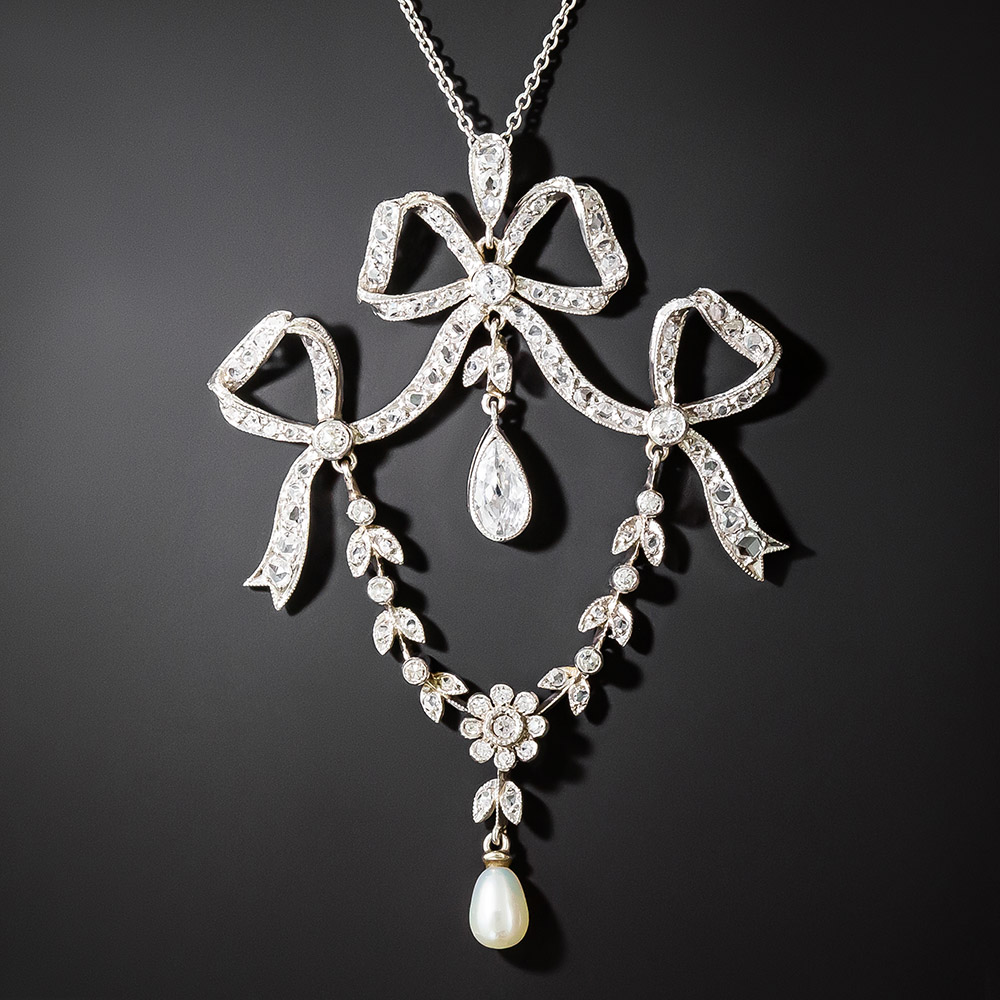 Edwardian Diamond and Natural Pearl Lavaliere
