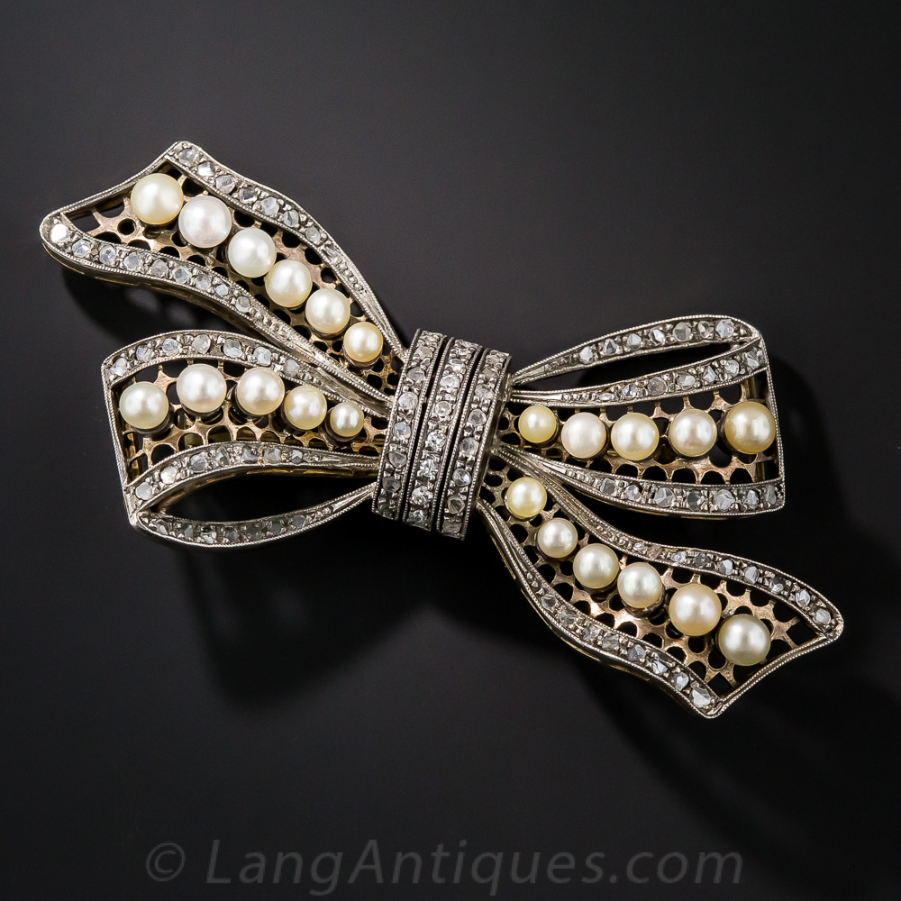 Edwardian Diamond and Pearl Bow Pin