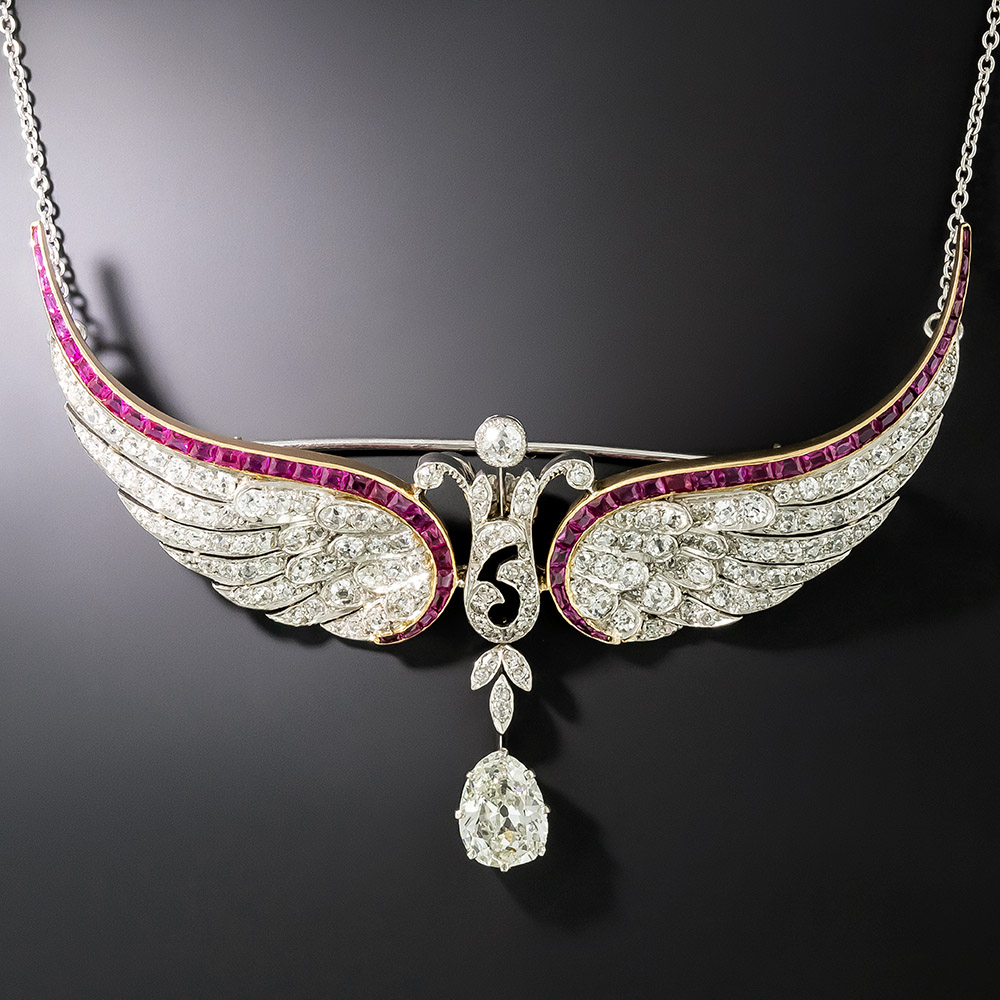 Edwardian Diamond and Ruby Wing Necklace/Brooch
