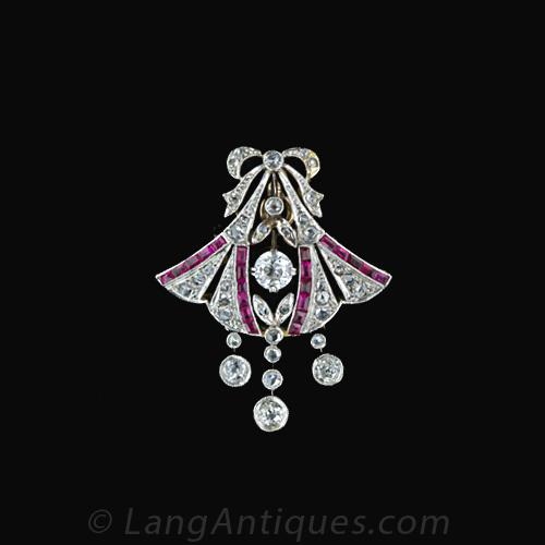 Edwardian Diamond and Synthetic Ruby Bow and Ribbon Motif Pin