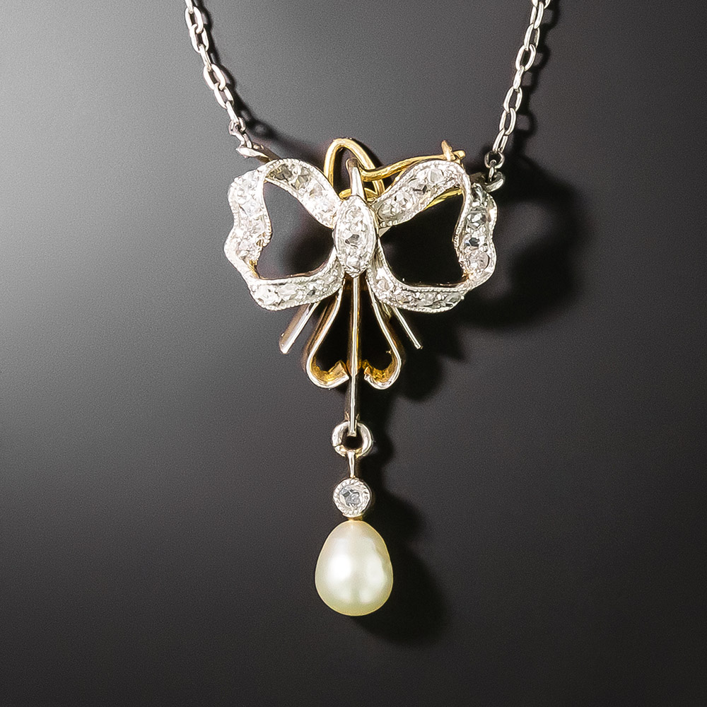 Edwardian Diamond Bow and Natural Pearl Lavaliere