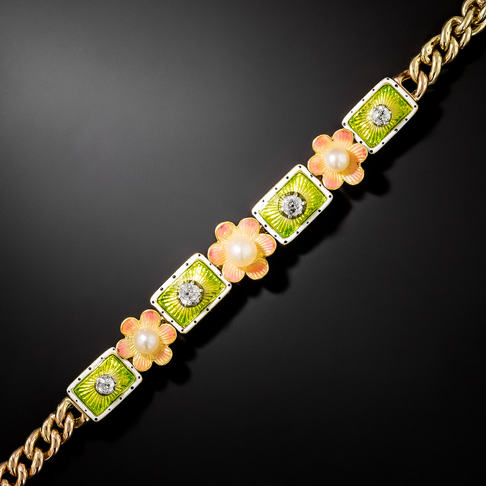 Edwardian Diamond, Pearl and Enamel Link Bracelet